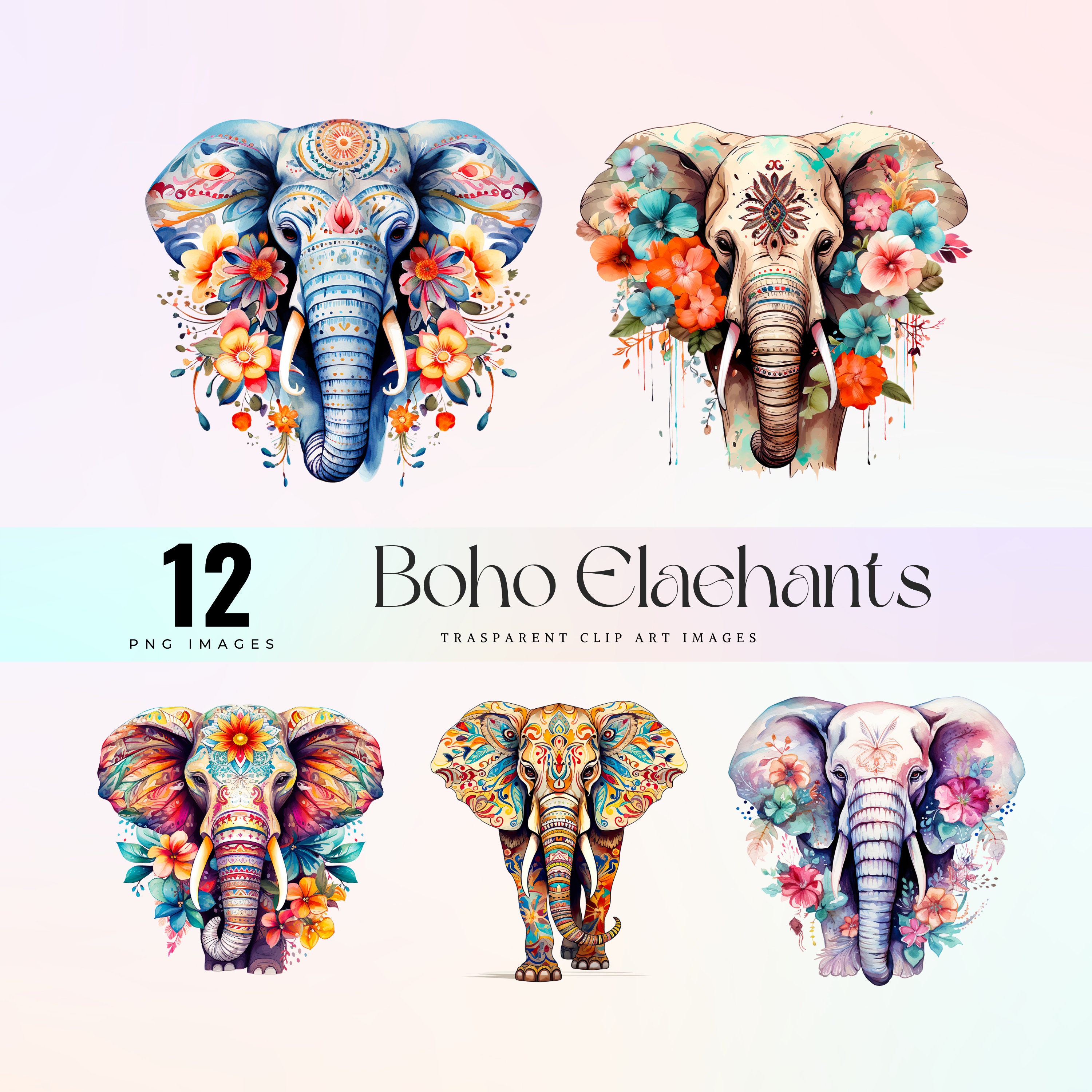 Cute Boho Elephant Clip Art, Watercolor Whimsy Elephants and Flowers ...