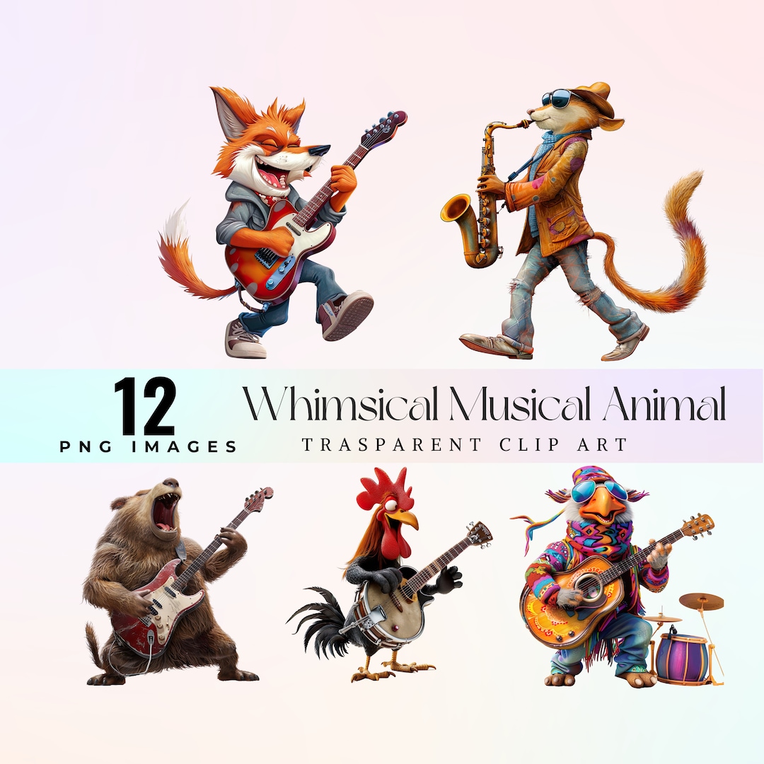 Whimsical Musical Animal Clip Art, Watercolor Happy Drum Guitar ...