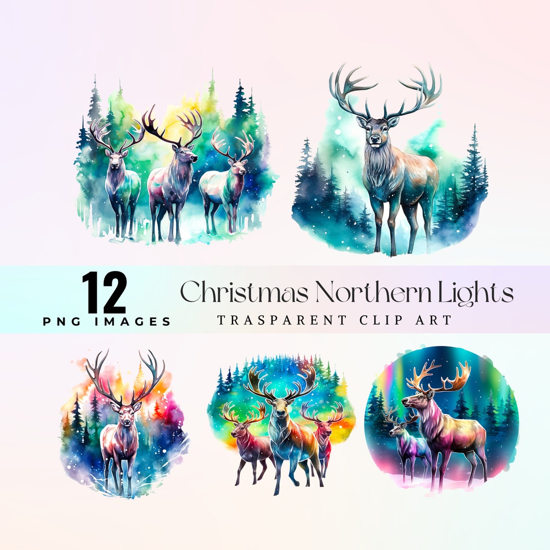 Christmas Reindeer Clip Art, Watercolor Christmas Northern Lights Art ...