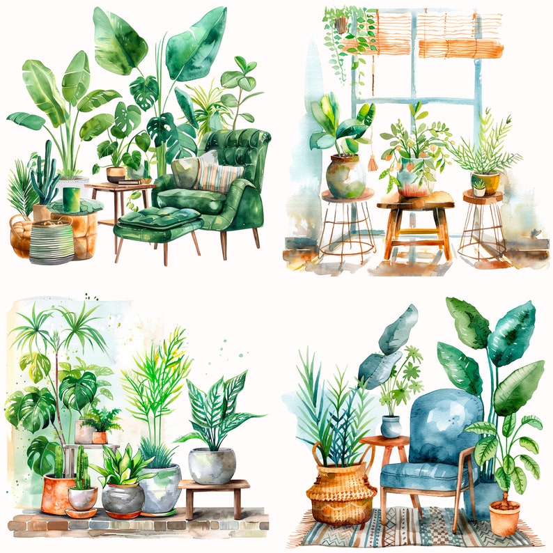 Watercolor House Plants Clip Art: Spring Home Decor (PNG Digital ...