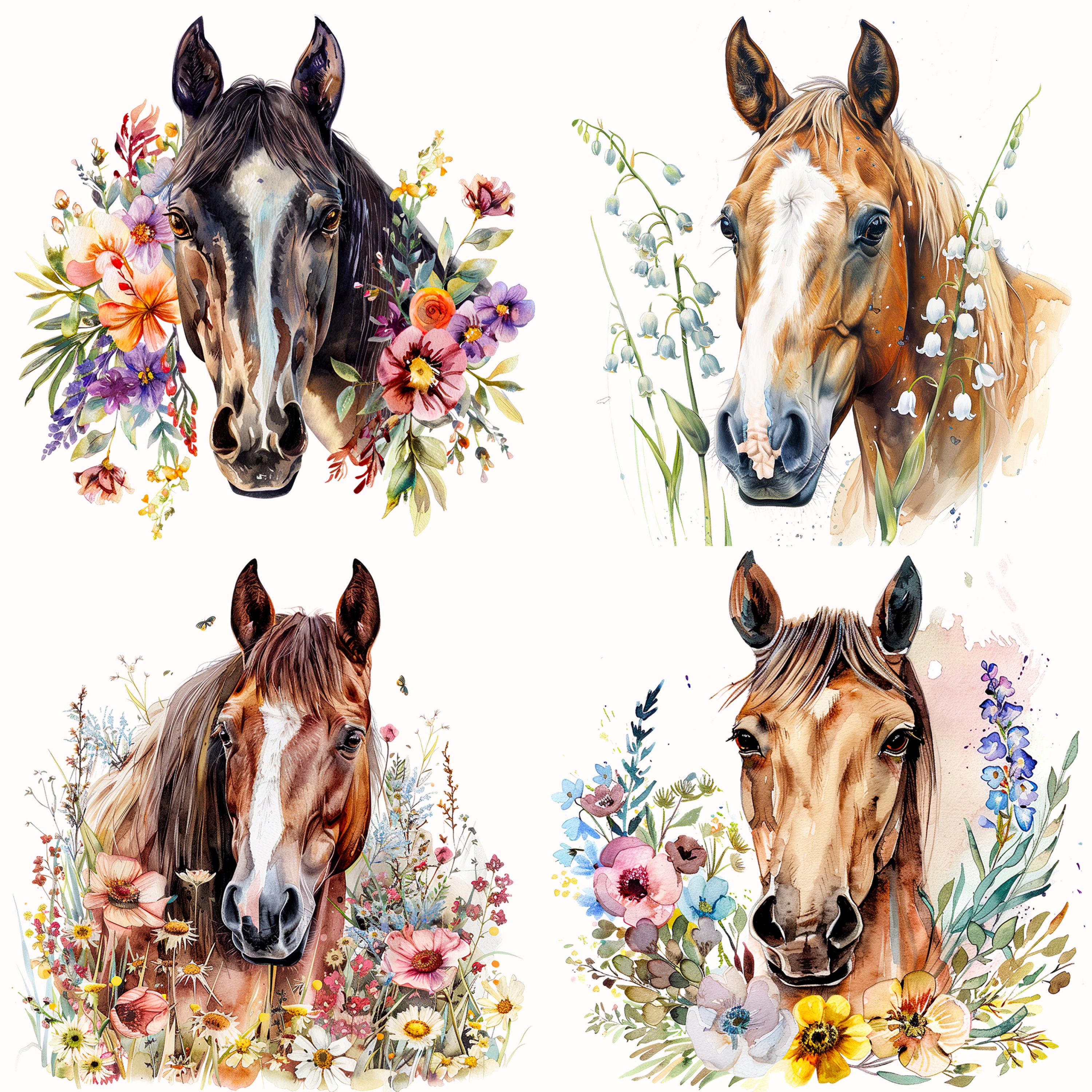 Lovely Floral Horse Face Clip Art, Watercolor Graceful Horse Portrait ...