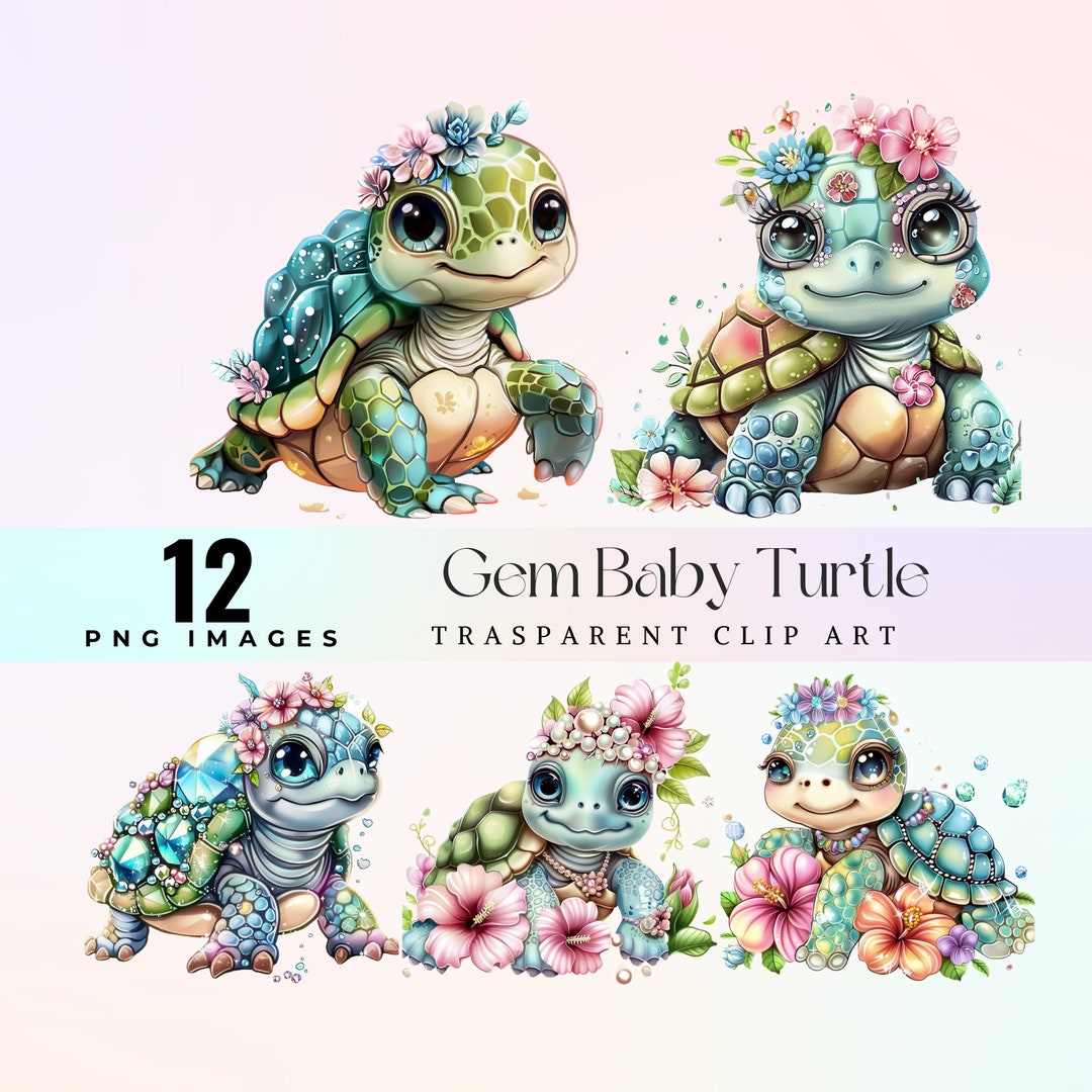 Cute Gem Baby Turtle Clip Art, Watercolor Pastel Tiny Turtles and ...