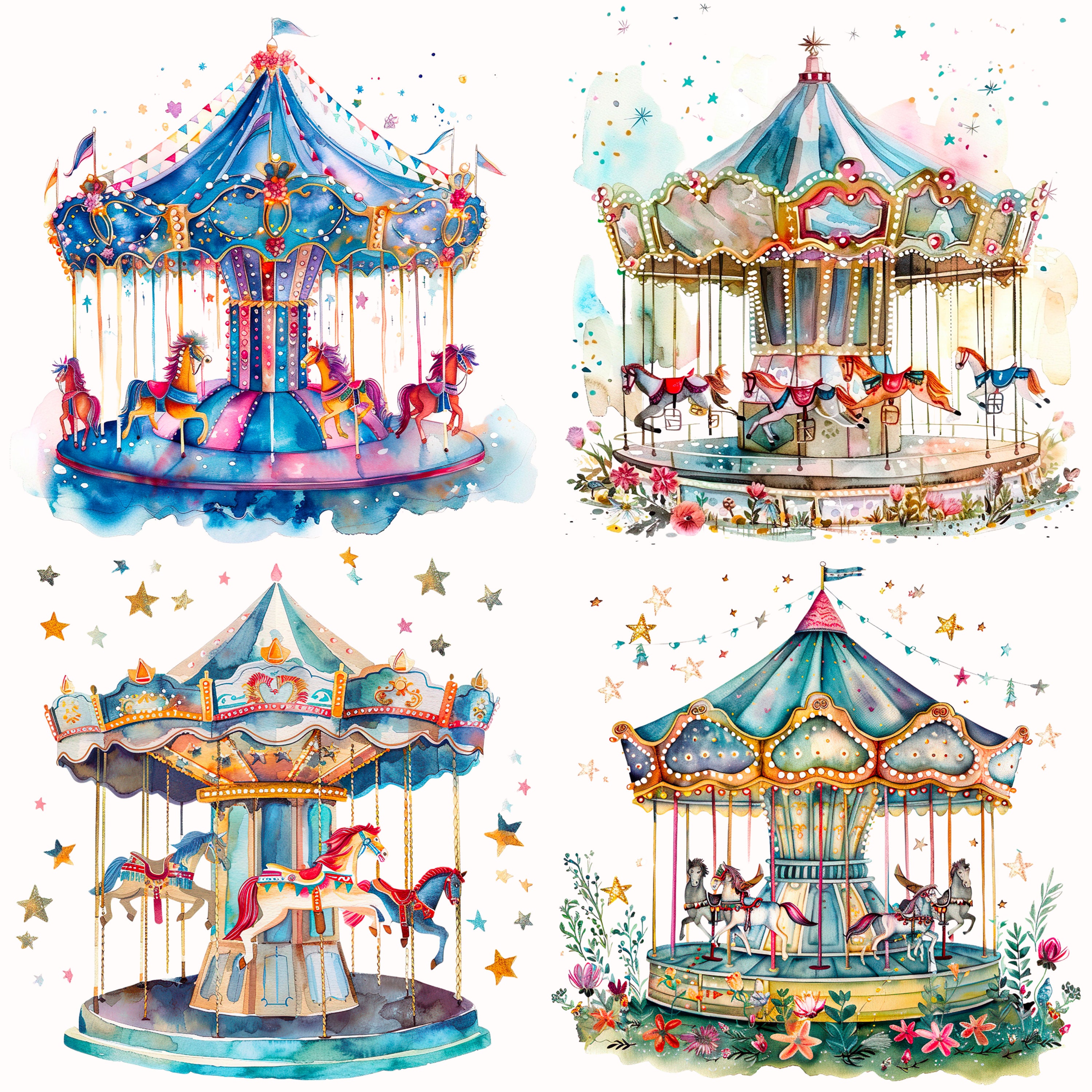 Whimsical Carousel Clip Art, Watercolor Joyful Merry-go-round ...