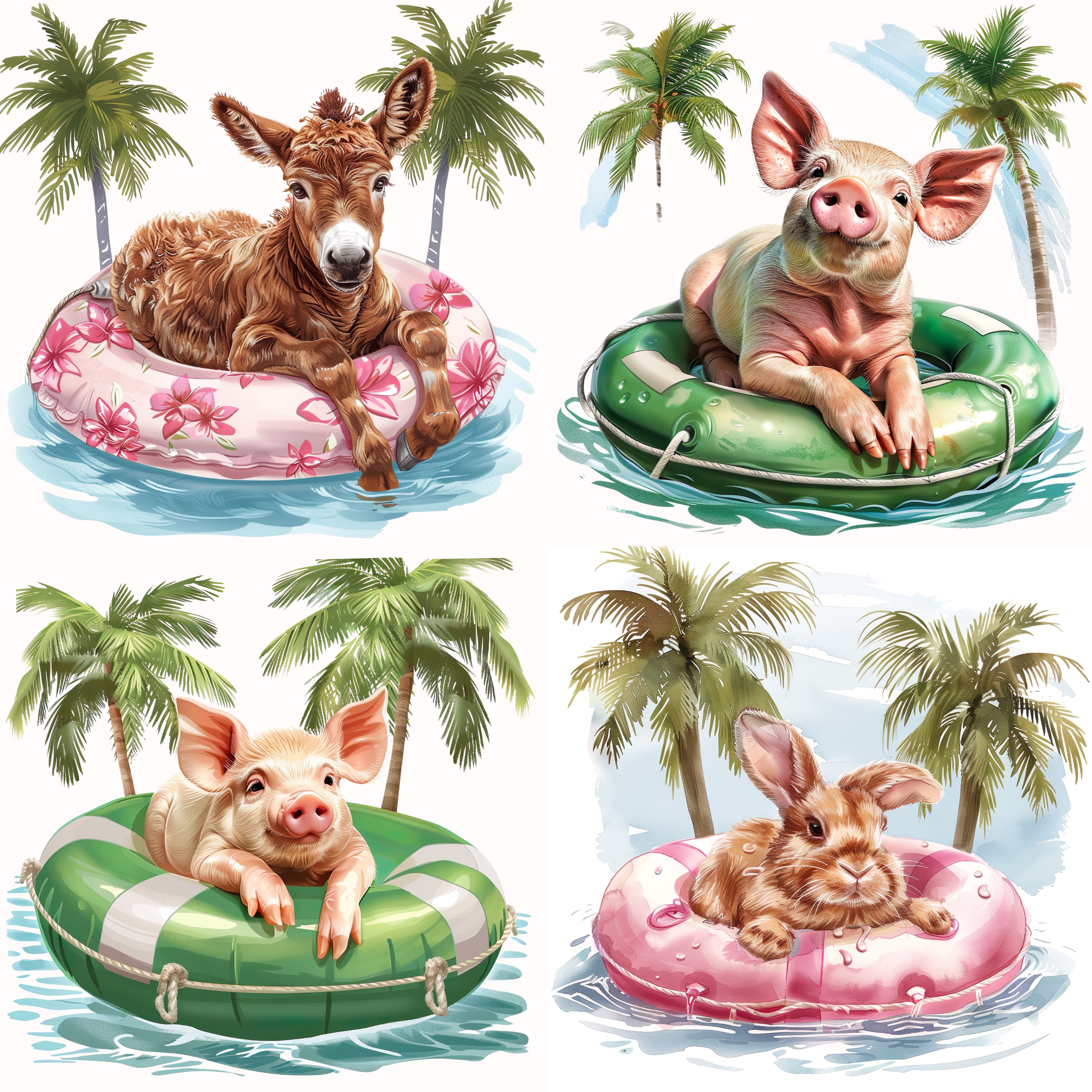 Funny Pool Farm Animals Clip Art, Watercolor Quirky Bathers on Lifebuoy ...