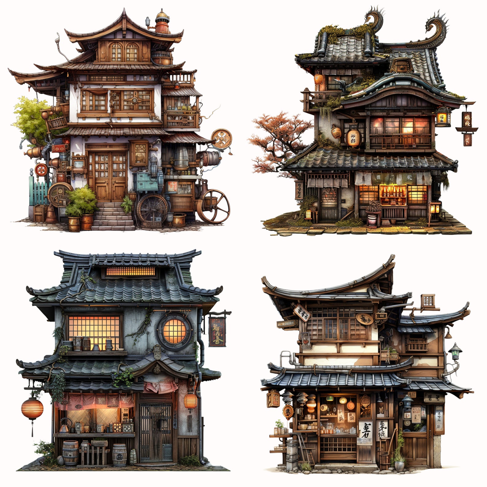 Old Japanese Shops Clip Art, Watercolor Vintage Japan Storefronts ...