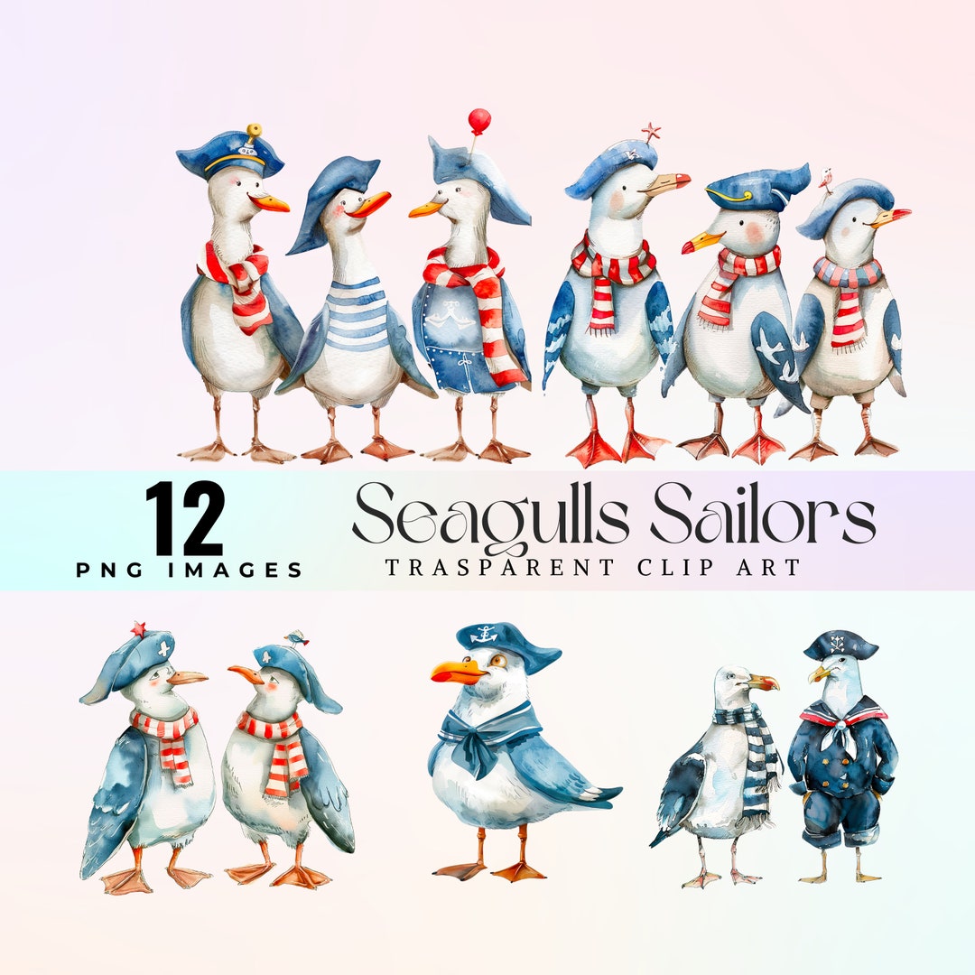 Watercolor Sailor Seagulls Clip Art: Nautical PNG Illustration (digital ...