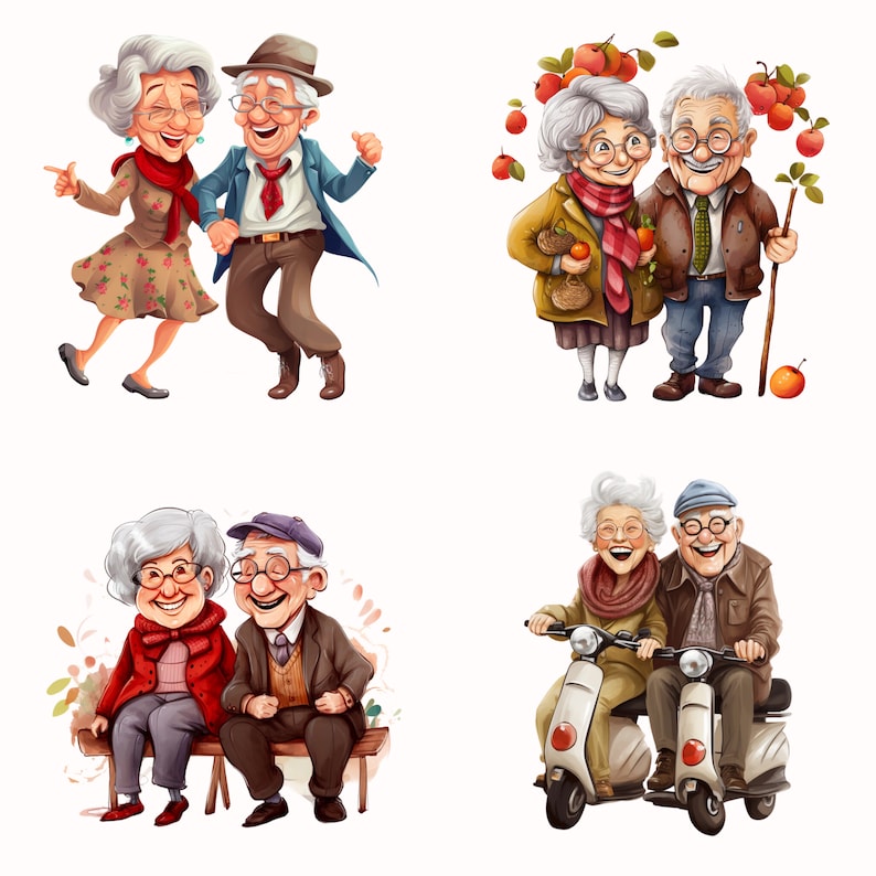 Cheerful Elderly Couple Clip Art, Watercolor Funny Old Couple ...