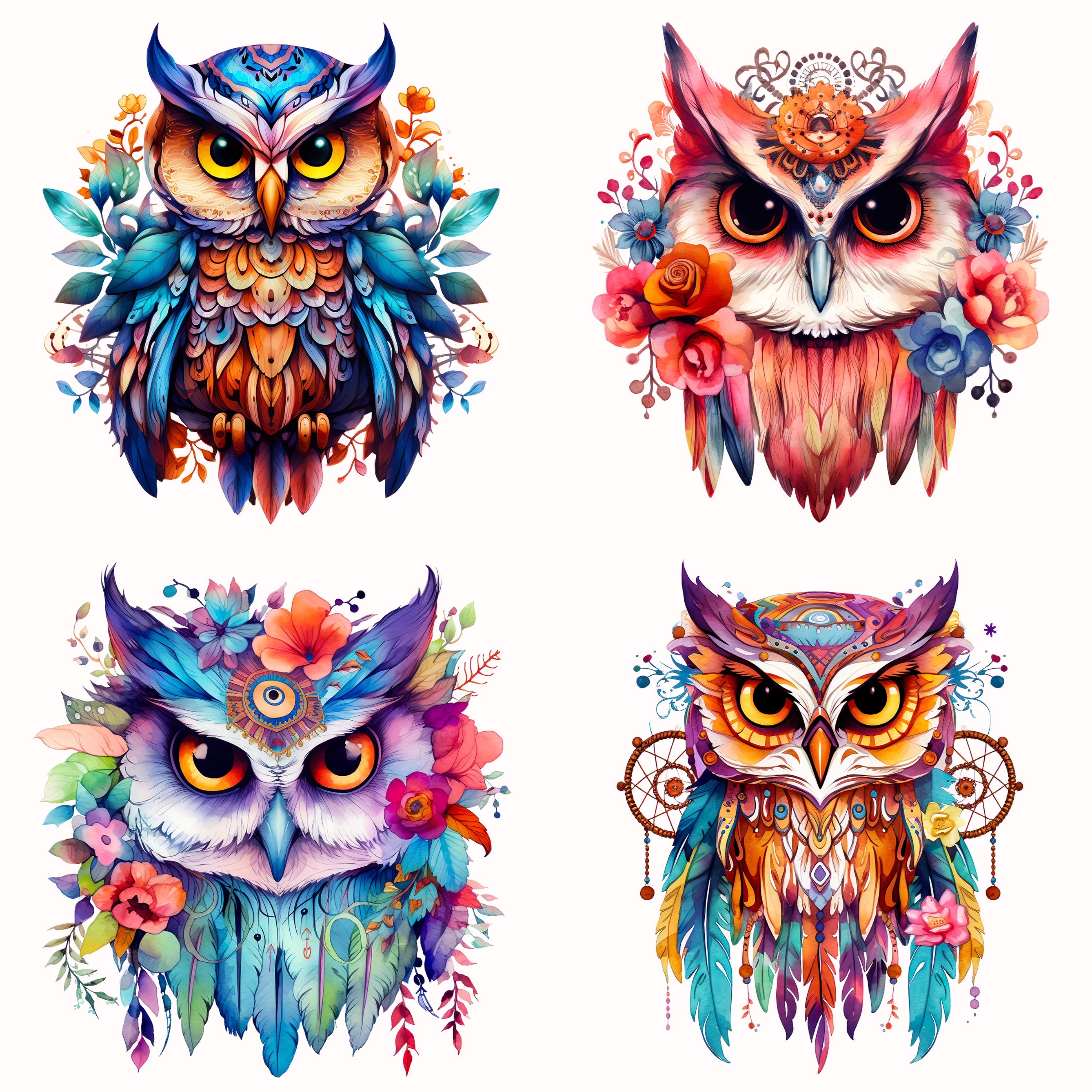 Cute Boho Owl Clip Art, Watercolor Owls and Flowers Illustration PNG ...