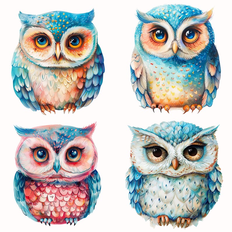 Adorable Pastel Owls Clip Art, Watercolor Lovely Soft Owl Illustration ...