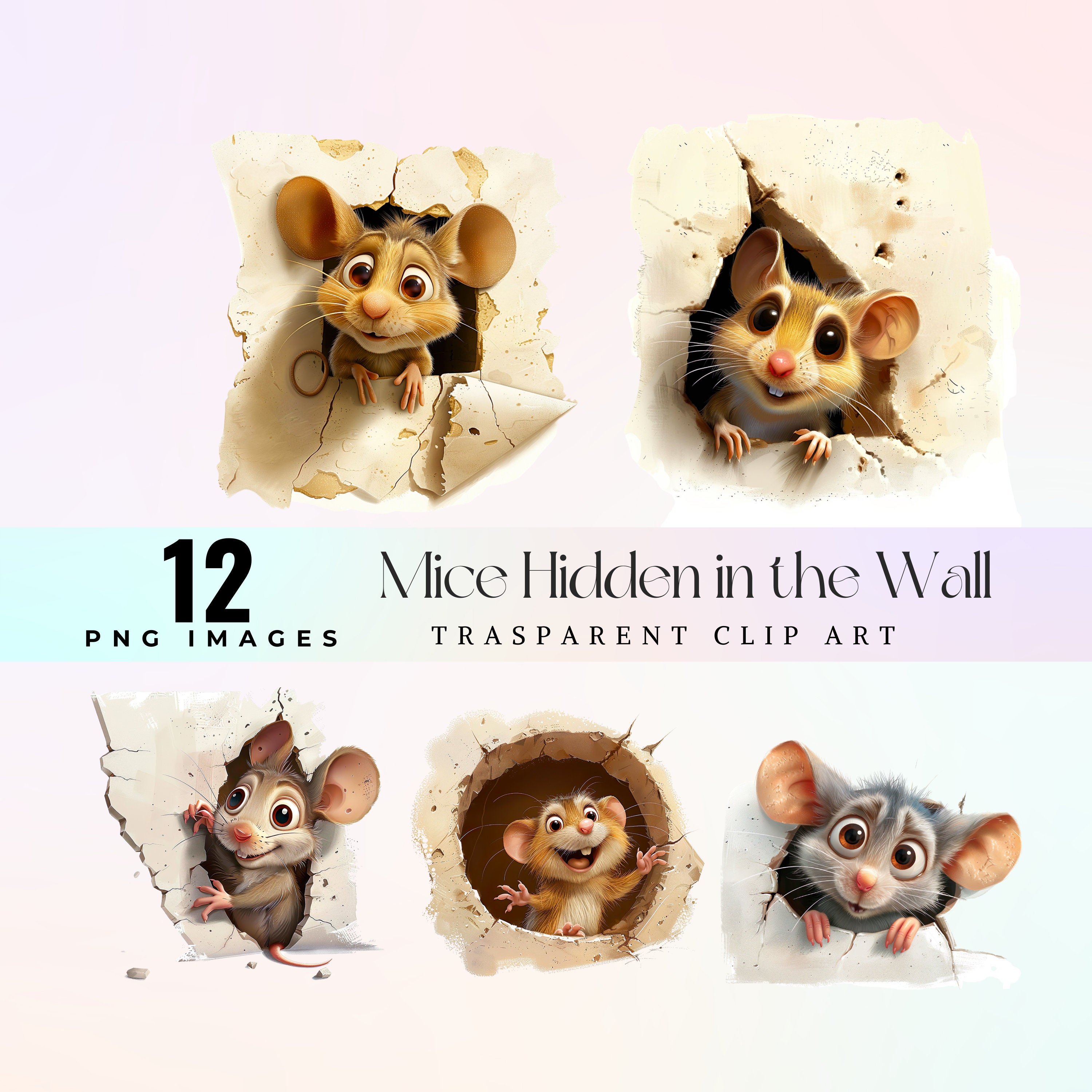Funny Mice Hidden in the Wall Clip Art, Watercolor Sneaky Mouse ...