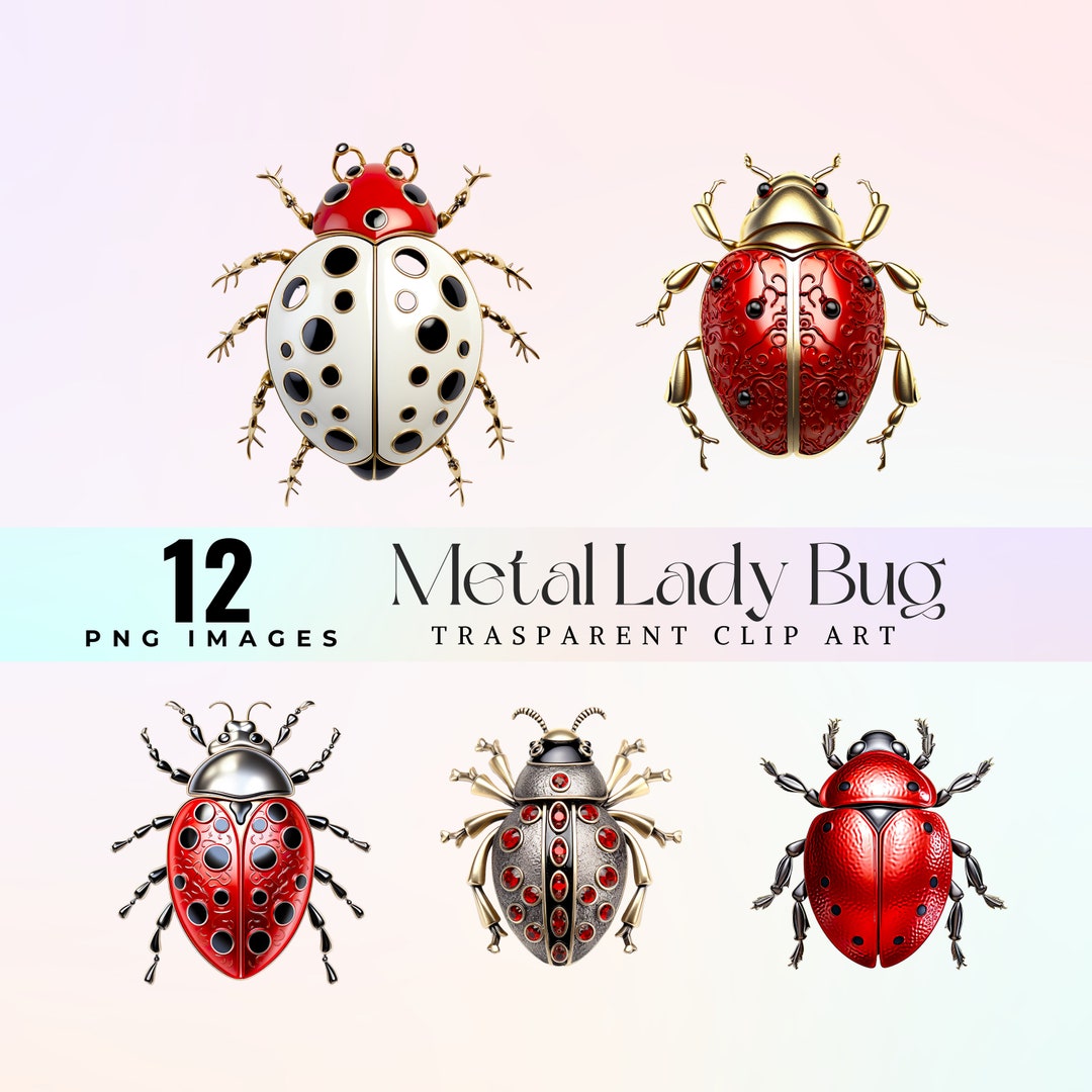 Cute Metal Ladybug Clip Art, Watercolor Metal Embossed Bug Illustration ...