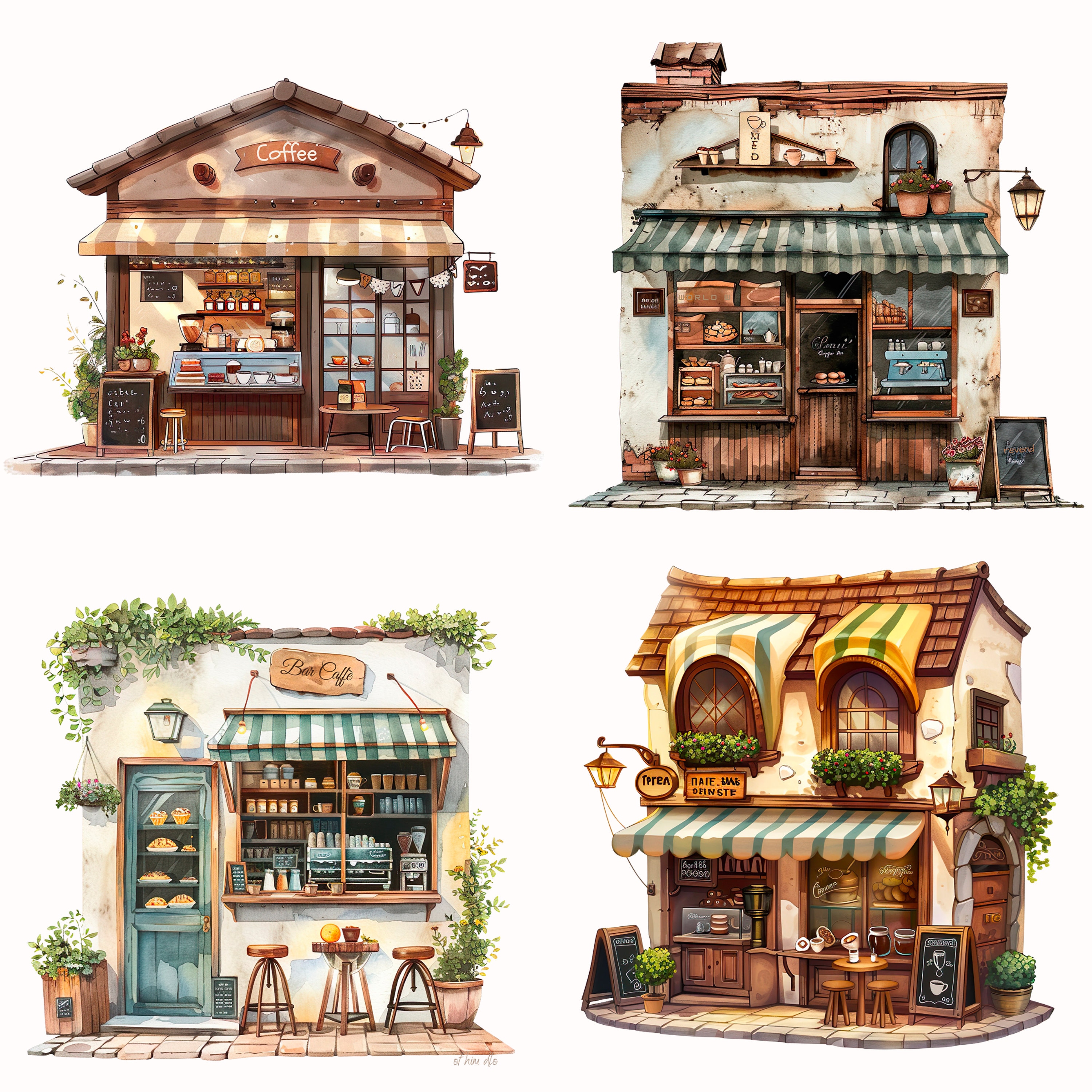Cute Coffee Shop Clip Art, Watercolor Coffeehouse Illustration PNG ...