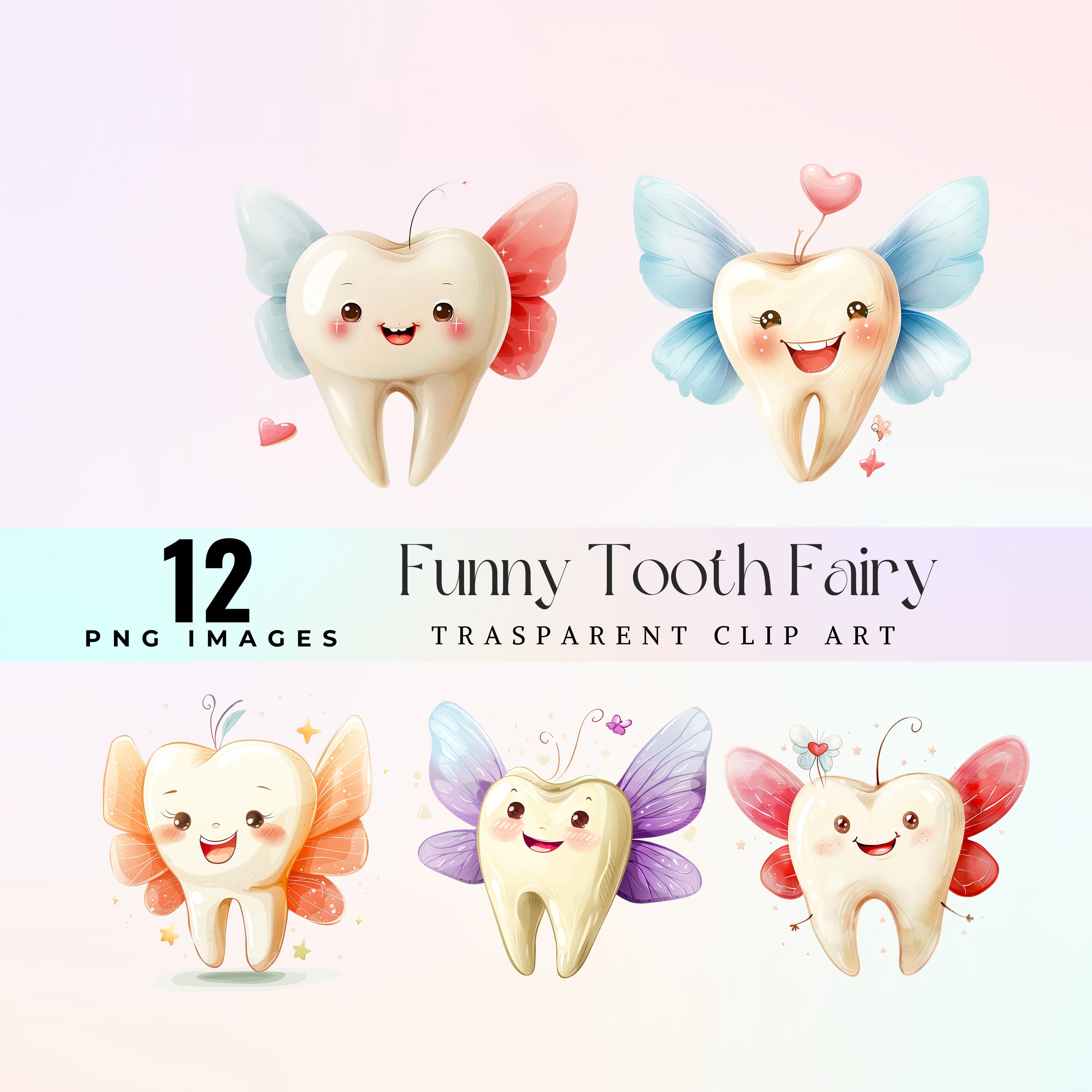 Whimsical Kawaii Tooth Fairy Clip Art, Watercolor Magical Molar Fairy ...