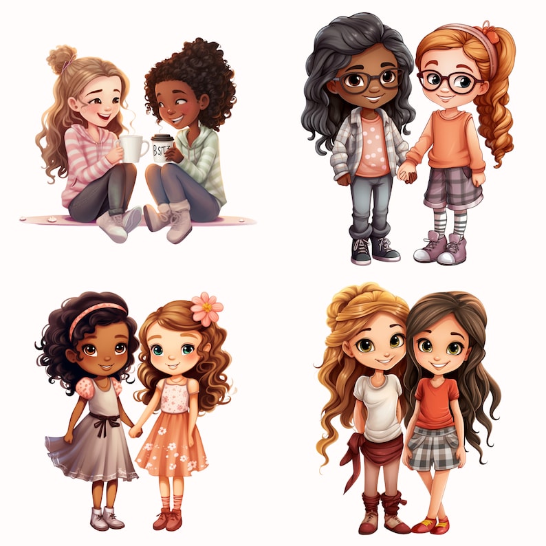 Cute Besties Clip Art, Happy Cartoon Best Friends Illustration PNG ...