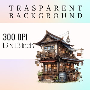 Old Japanese Shops Clip Art, Watercolor Vintage Japan Storefronts ...