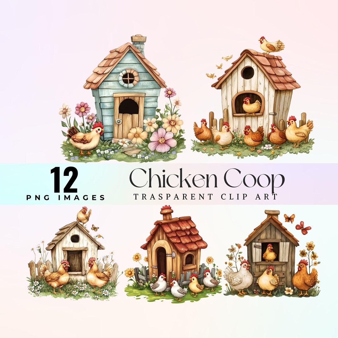 Funny Chicken Coop Clip Art, Watercolor Cozy Hen House Illustration PNG ...