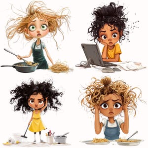 Funny Frazzled Girl Clip Art, Watercolor Weary Work Lady Illustration ...