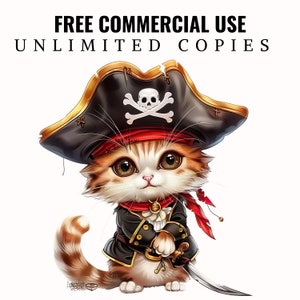 Cute Pirate Cat Clip Art, Watercolor Adorable Eye Patch Kitten ...
