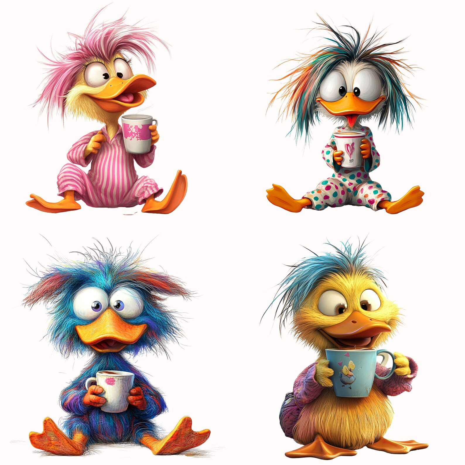 Funny Duck Drinking Coffee Clipart: Quirky Pajama Duckling PNG (digital ...