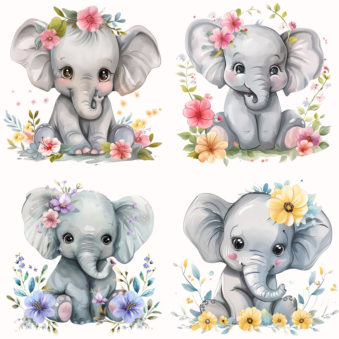 Adorable Baby Elephant Clip Art, Watercolor Lovely Elephants and ...