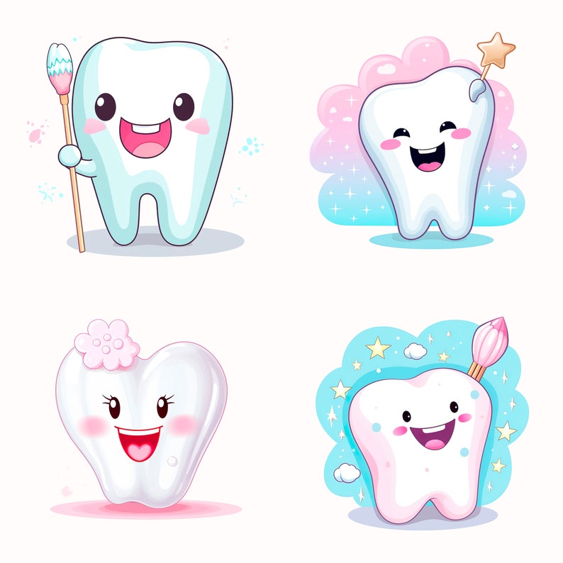 Cute Kawaii Tooth Clip Art, Watercolor Japanese Teeth Kawaii, Cute ...