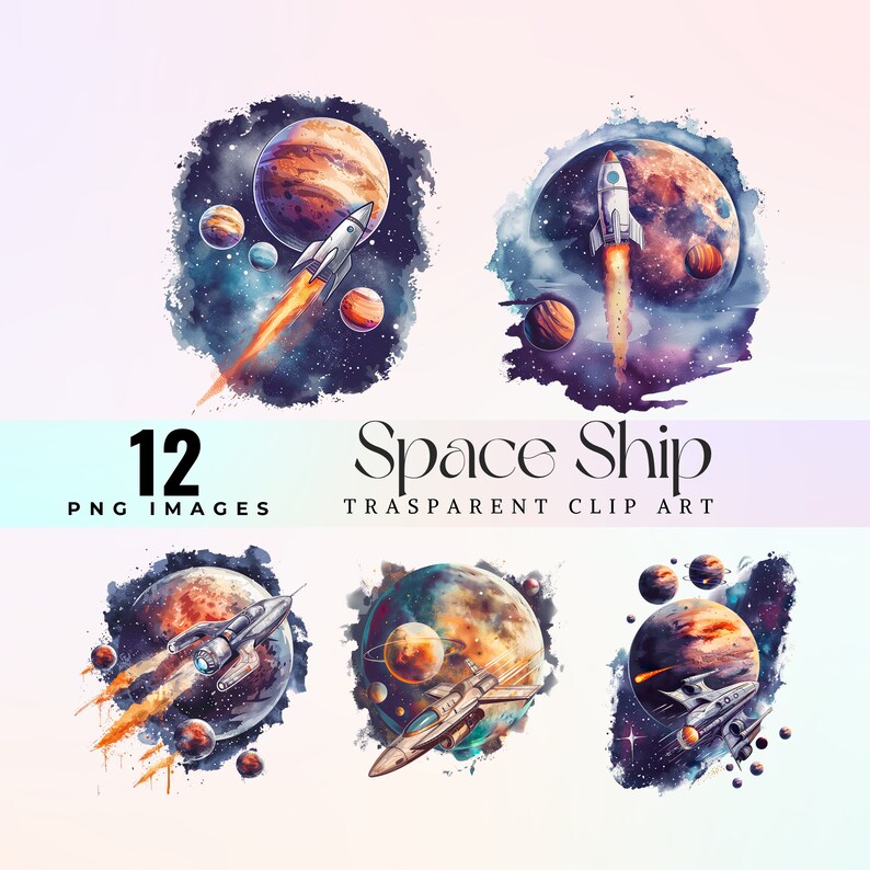 Cute Space Ship Clip Art, Watercolor Planet Journey Illustrations PNG ...