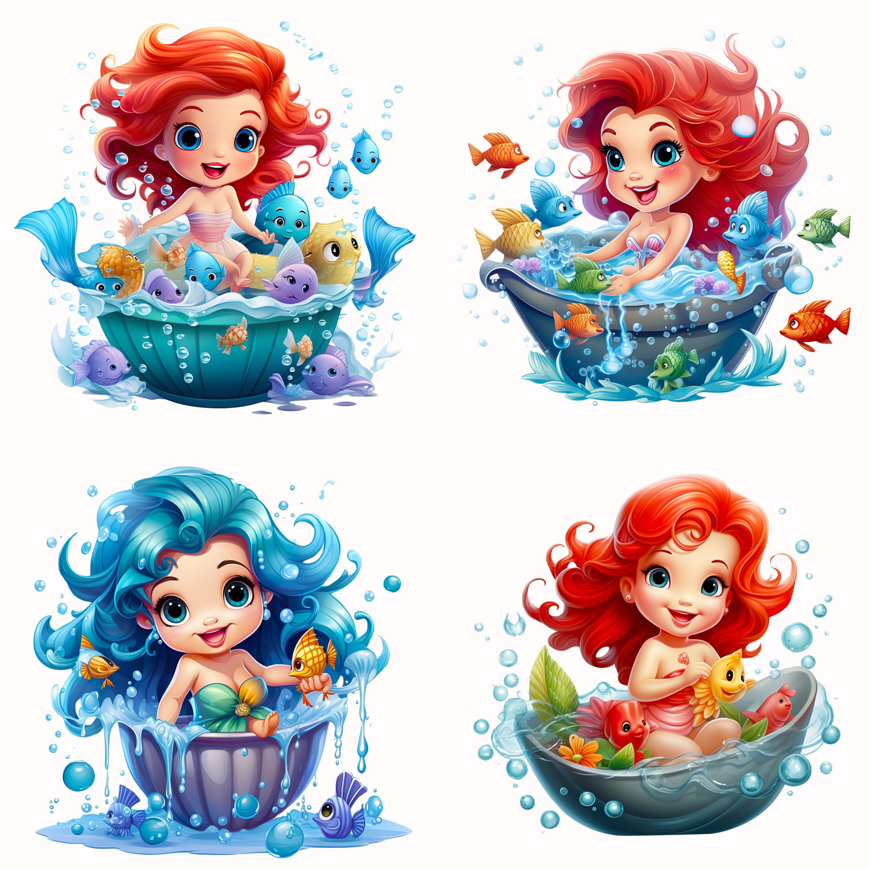 Funny Little Bathing Mermaid Clip Art, Watercolor Cute Baby Ocean Siren ...