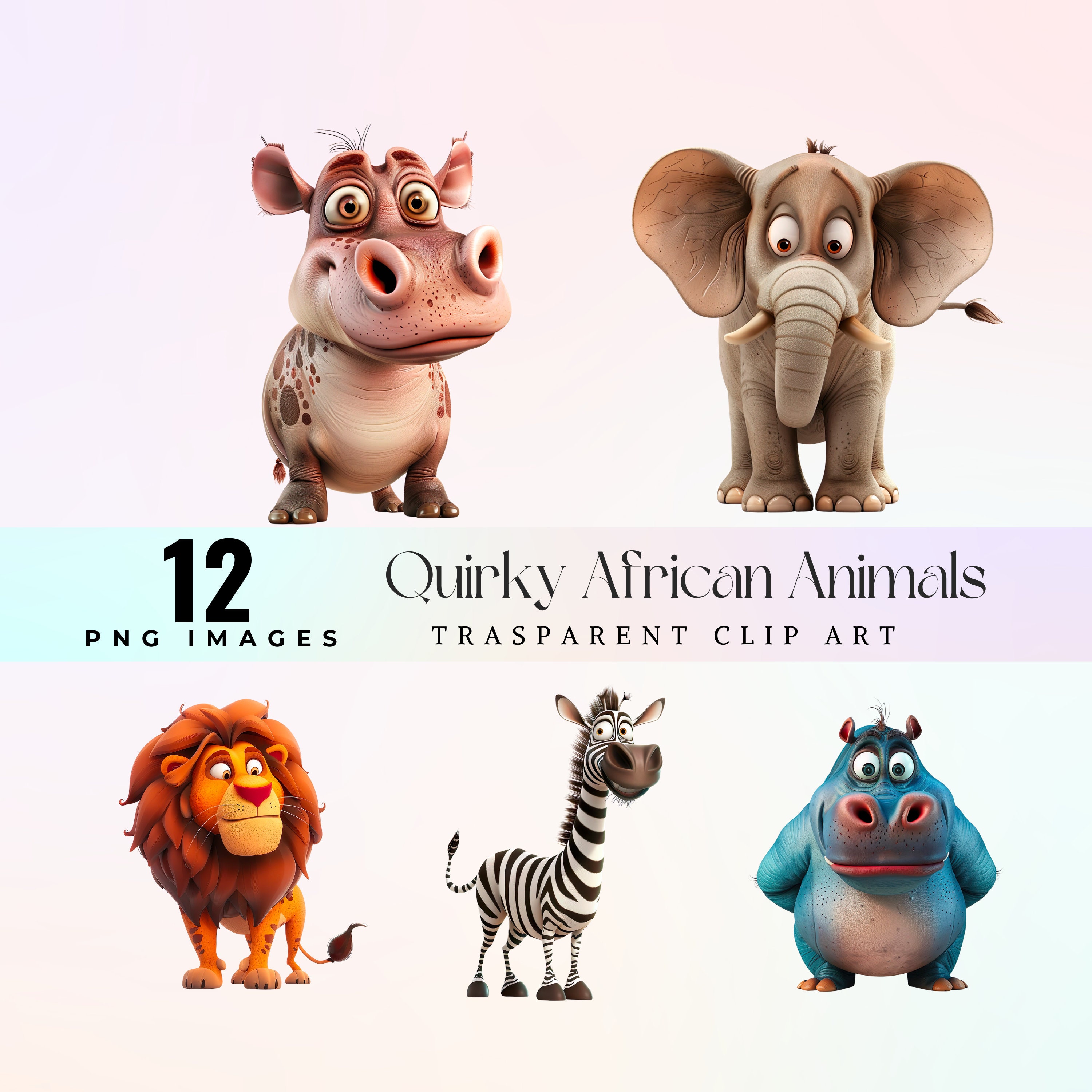 Quirky African Animals Clip Art, Watercolor Adorable Whimsy Critters ...