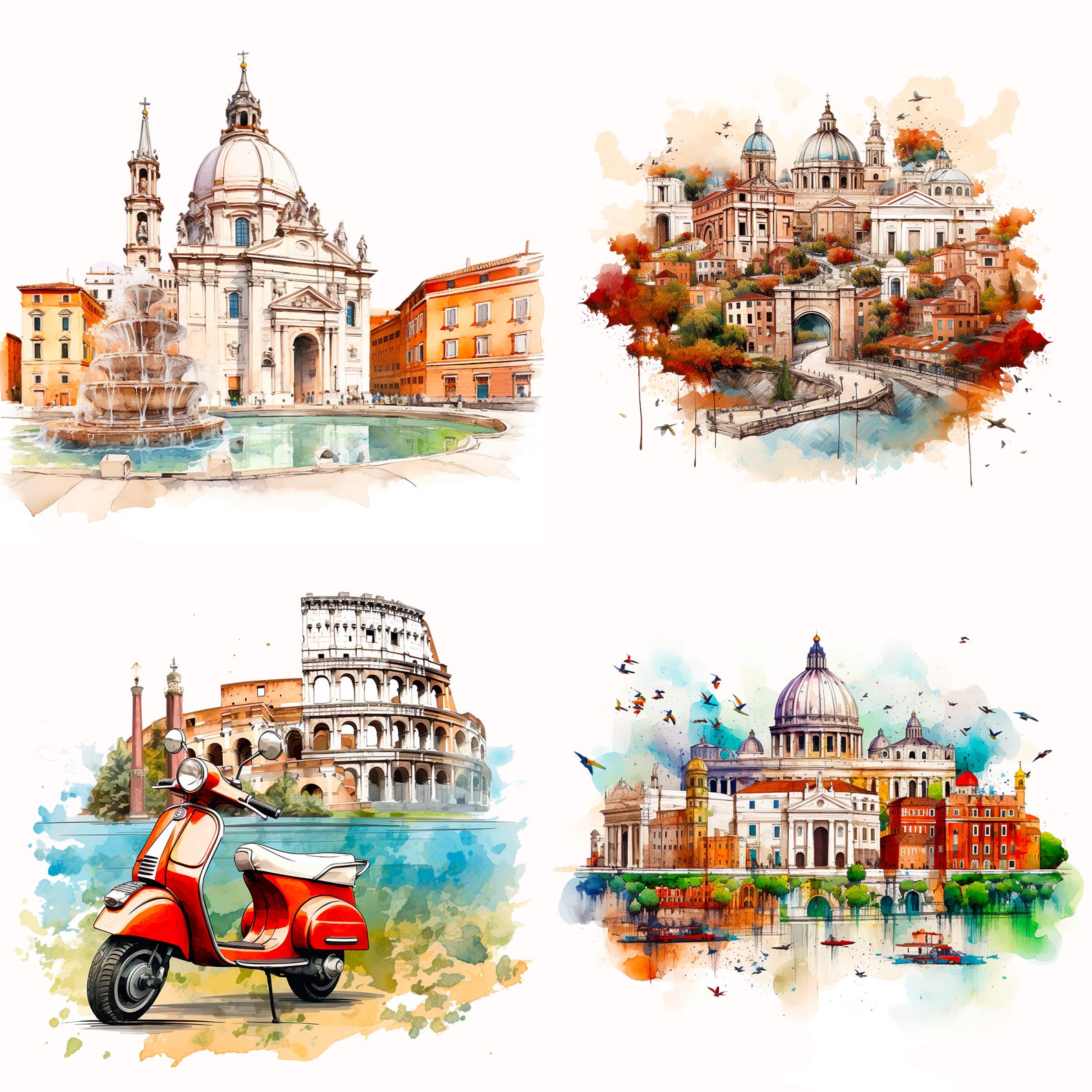 Watercolor Rome City Clipart: Italian Monuments PNG (digital Download ...
