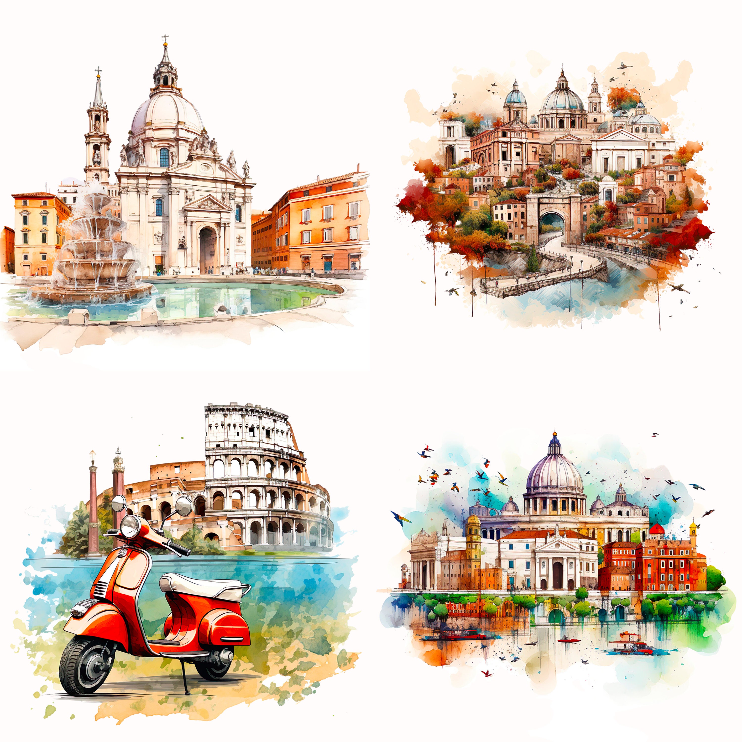 Magic Rome City Clip Art, Beautiful Watercolor Capital of Italy ...