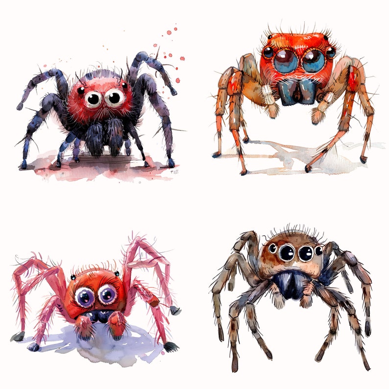 Whimsical Spider Clip Art, Watercolor Funny Spiders Illustrations PNG ...
