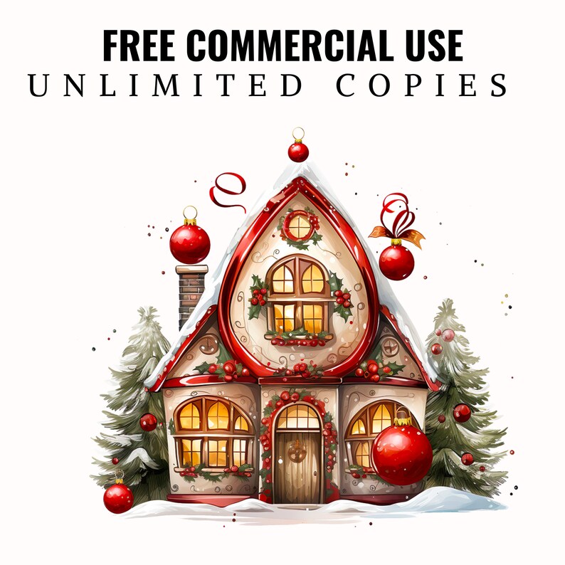 Christmas Houses Clip Art, Watercolor Christmas Cottage PNG, Festive ...