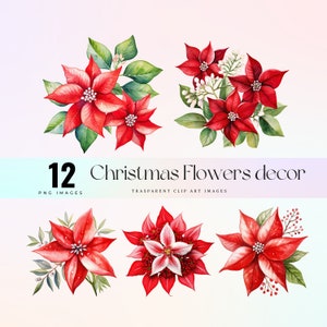 Christmas Flowers Decor Clip Art, Watercolor Christmas Poinsettia ...