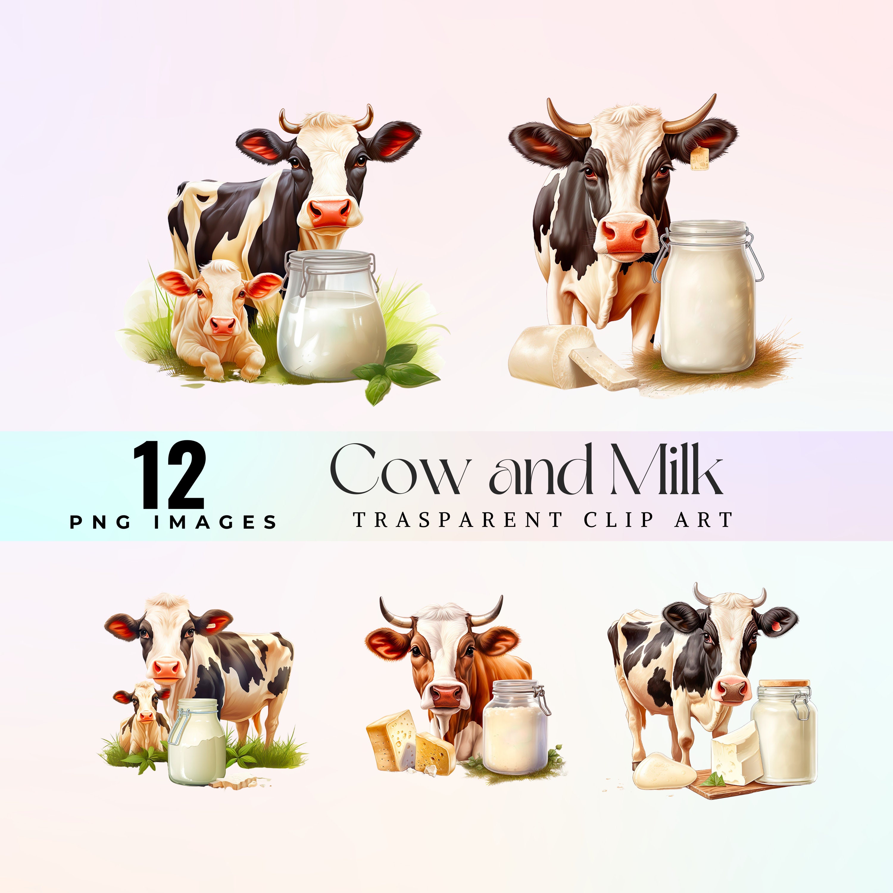 Cute Cows With Milk and Cheese Clip Art, Watercolor Dairy Doodles ...