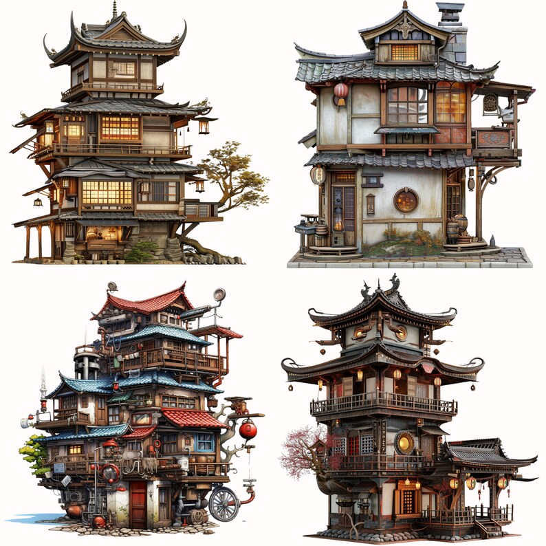 Steampunk Japanese House Clip Art: Vintage Watercolor Illustration (PNG ...