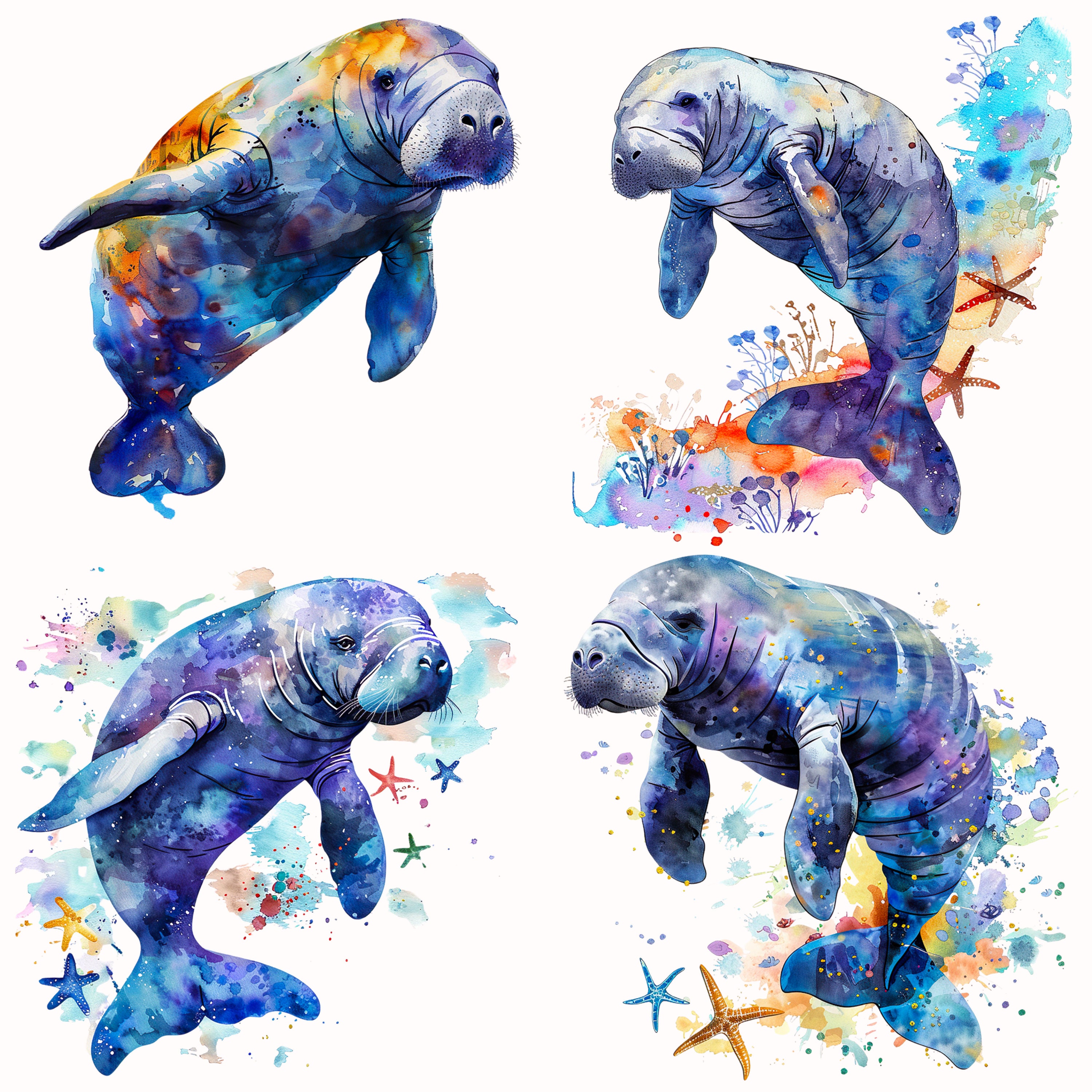 Whimsical Manatee Clip Art, Watercolor Lovely Sea Cow Illustration PNG ...