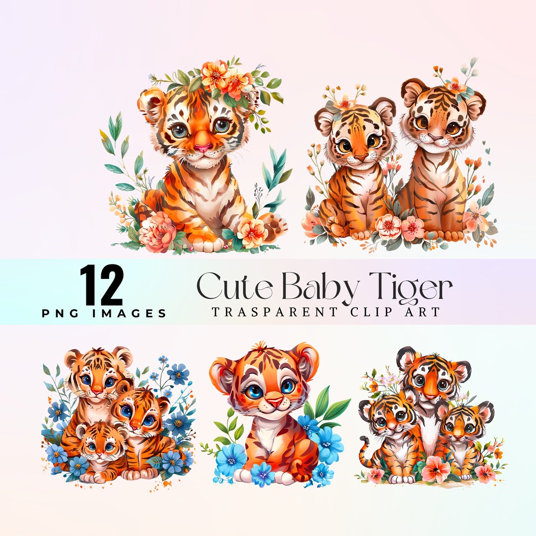 Cute Baby Tiger Clip Art, Watercolor Adorable Floral Tiger Cub ...