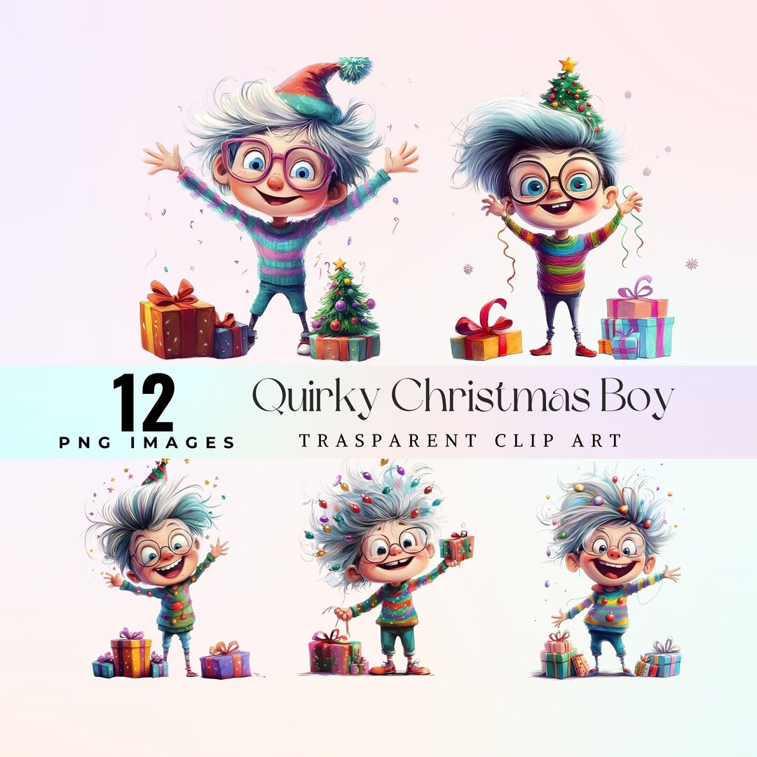 Quirky Christmas Boy Clip Art, Watercolor Eccentric Holiday Season ...