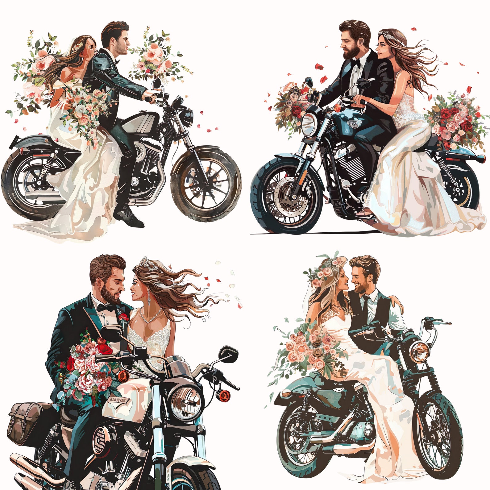 Watercolor Wedding Motorcycle Clipart: Romantic Biker Art (PNG Digital ...