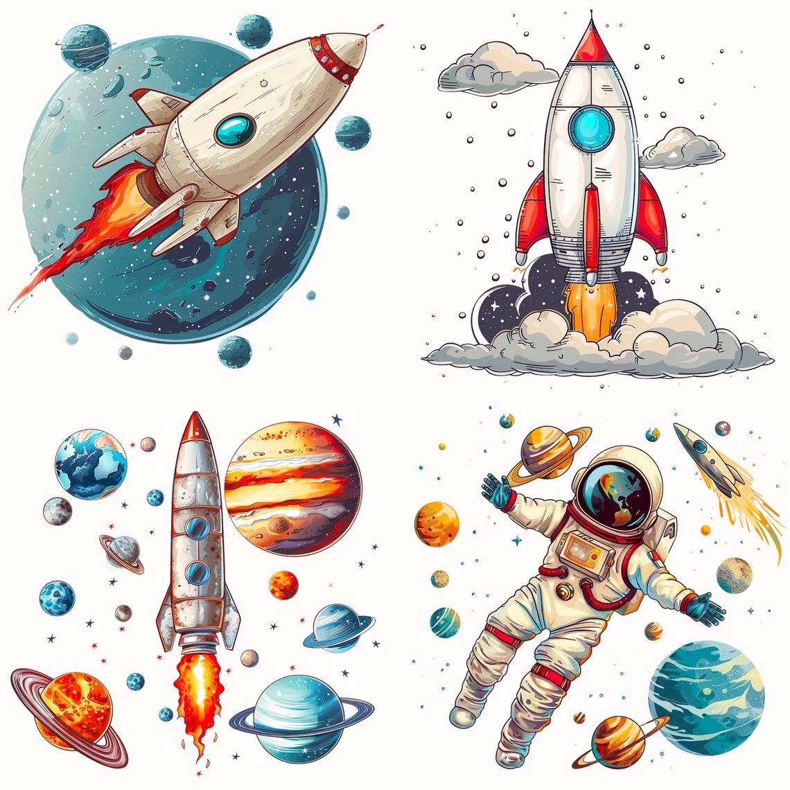 Watercolor Space Rockets Clip Art: Astronauts & Planets (PNG Digital ...