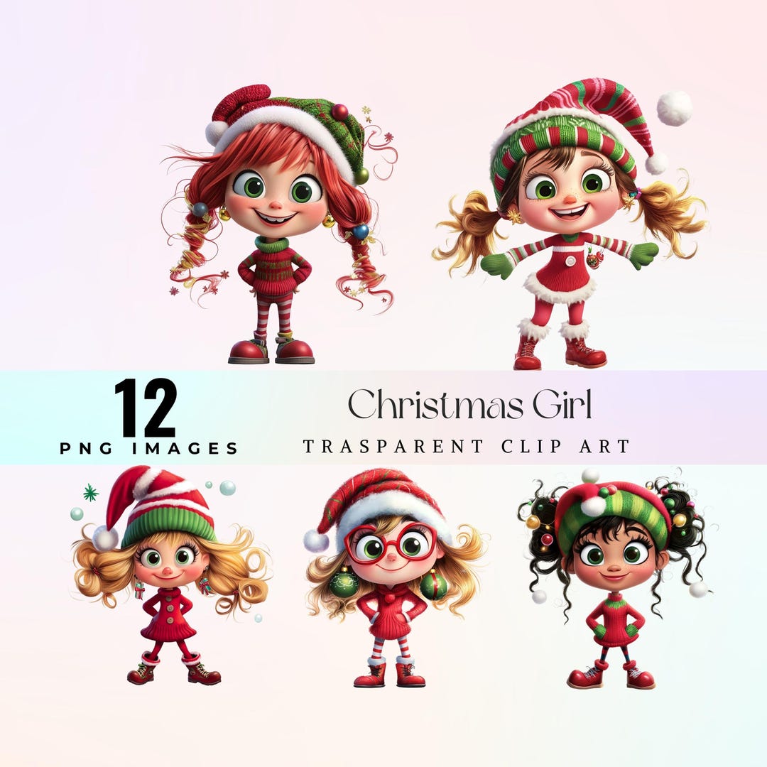 Cute Christmas Girl Clip Art, Watercolor Adorable Festive Outfit Small ...