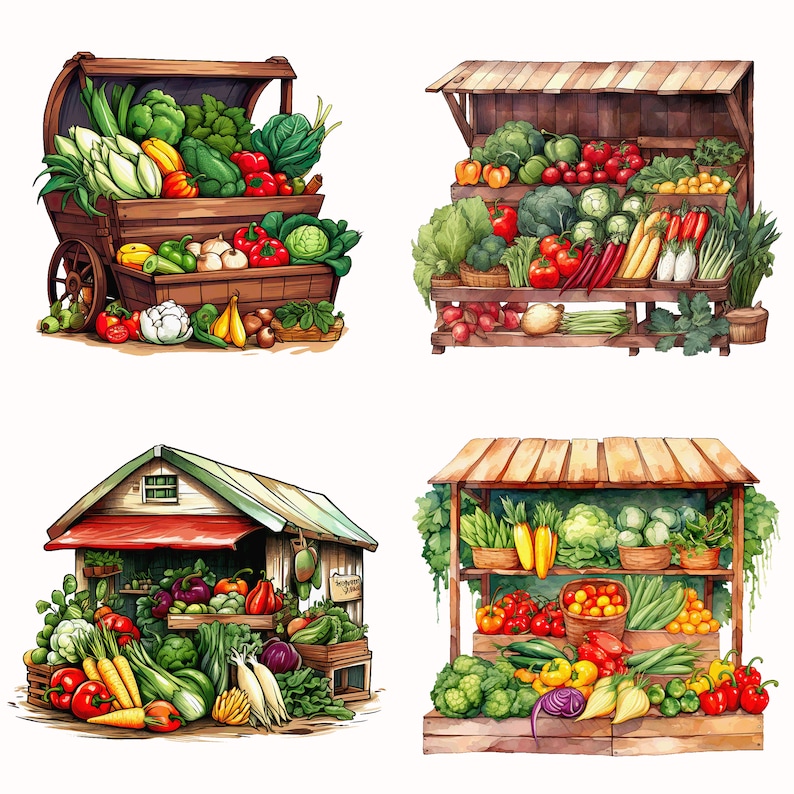 Cute Vegetables Shop Clip Art, Watercolor Colorful Vegetables Cart ...
