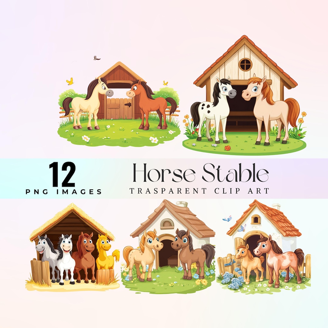 Funny Horse Stable Clip Art, Cute Farm Horses Illustration PNG, Cartoon ...