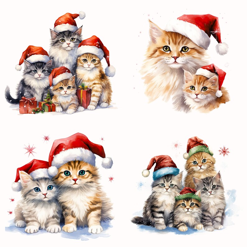 Christmas Cats Clip Art, Watercolor Christmas Kittens PNG, Cute Santa's ...