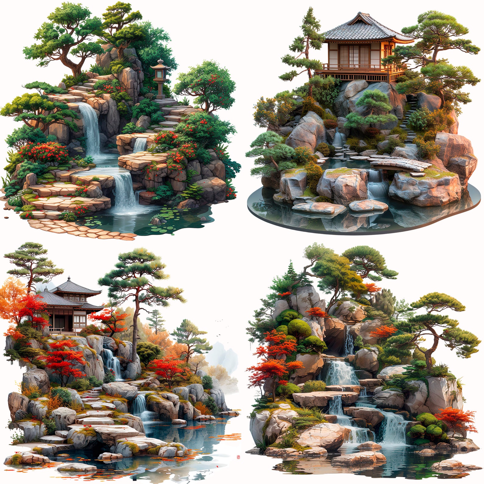 Realistic Enchanting Japanese Gardens Clip Art, Watercolor Harmonious ...