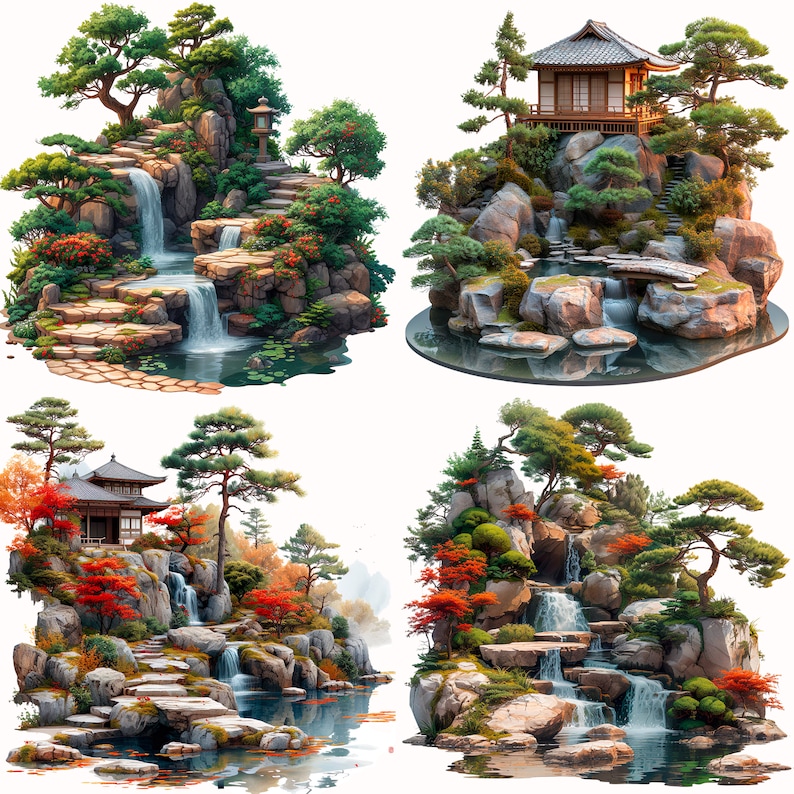 Realistic Enchanting Japanese Gardens Clip Art, Watercolor Harmonious ...