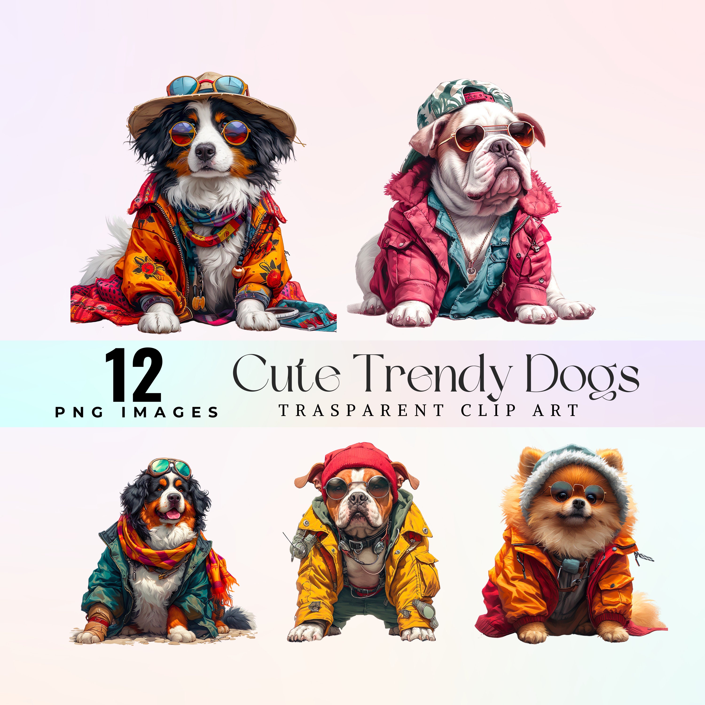 Funny Trendy Dogs Clip Art, Stylish Pet Fashion Illustration PNG, Cute ...