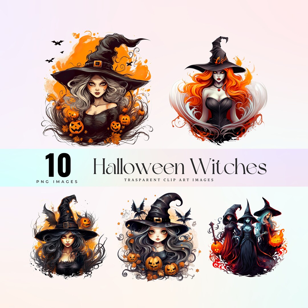 Cute Halloween Witches Clip Art, Watercolor Trick or Treat Illustration ...