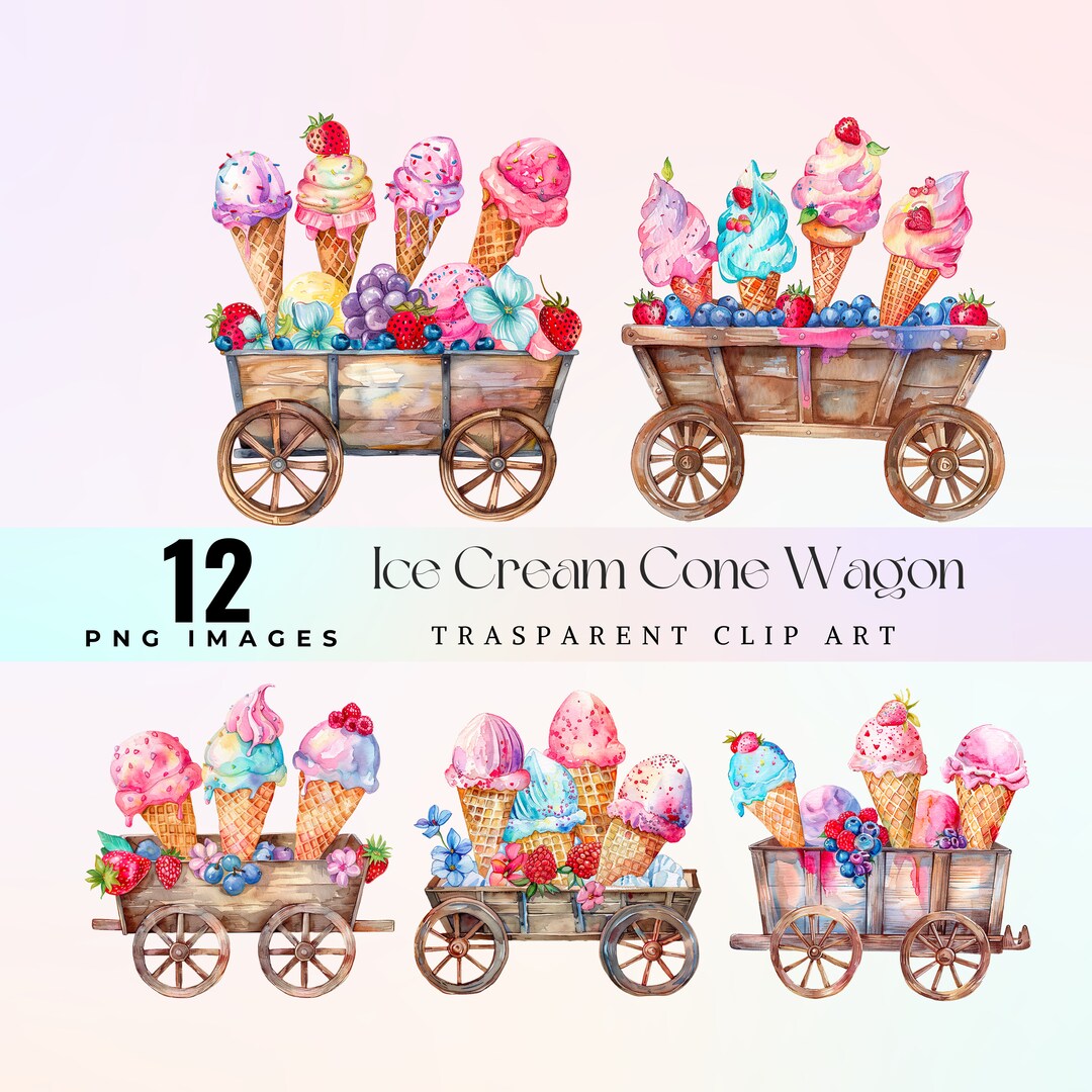 Sweet Ice Cream Cones Wagon Clip Art, Watercolor Cute Ice Cream Cone ...