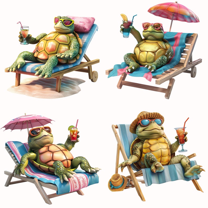 Funny Turtle Sunbathing Clip Art: Beach Lounger PNG (digital Download ...